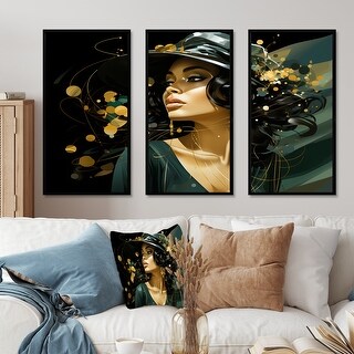 Designart "1950 Renaissance Jazz Woman Elegance II" Fashion Framed Wall Art Set of 3 Glam Green ...